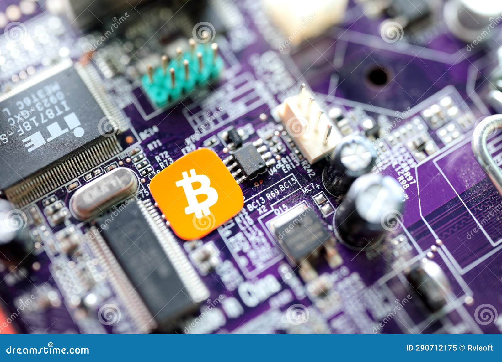 Bitcoin Icon on Computer Motherboard Close-up, Cryptocurrency and ...