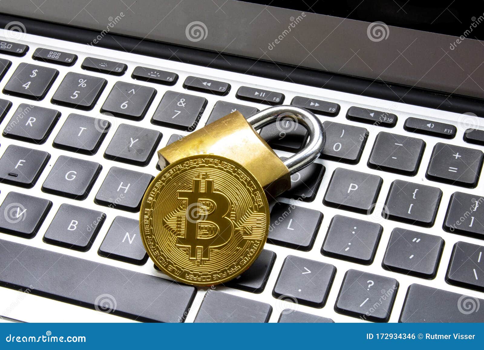 Bitcoin, lock and laptop stock photo. Image of laptop - 172934346