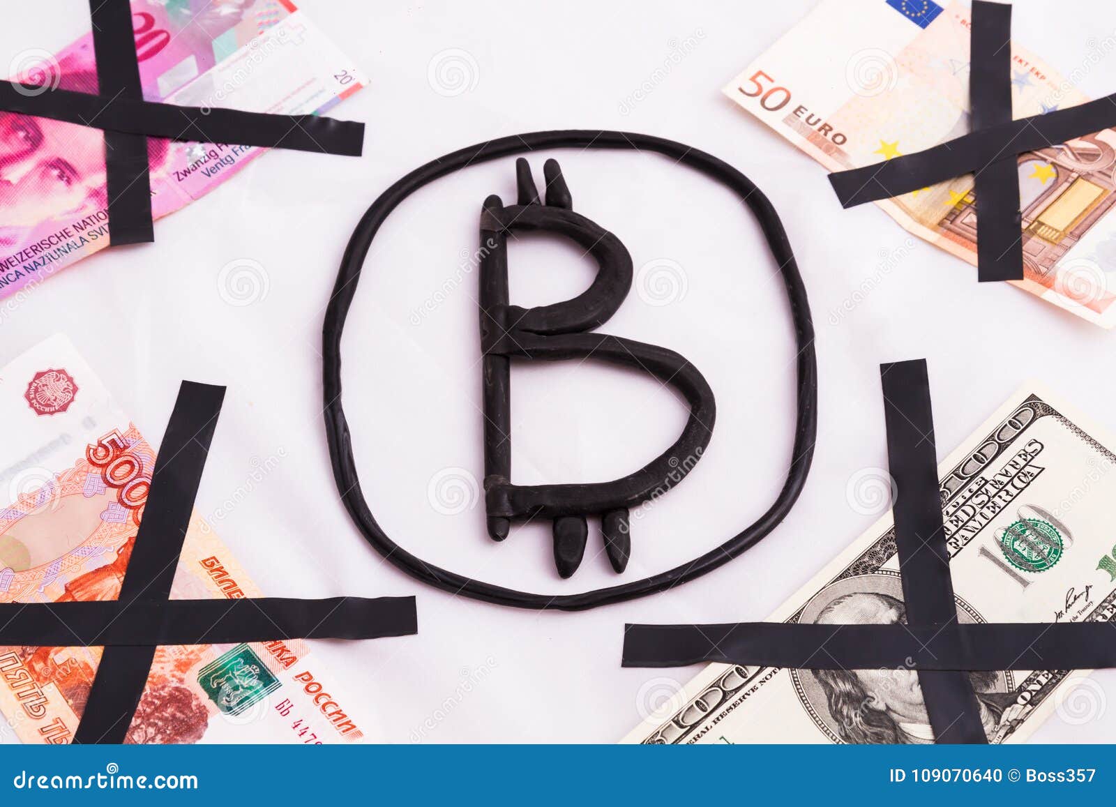 Bitcoin Is Made Of Plastic Surrounded By Crossed Out Banknotes Of ...