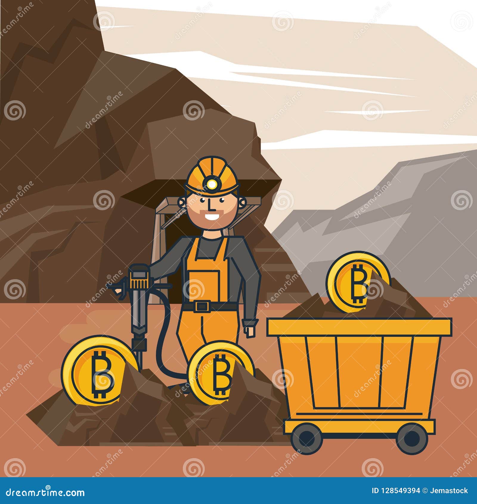 Bitcoin mining cartoons stock vector. Illustration of money - 128549394