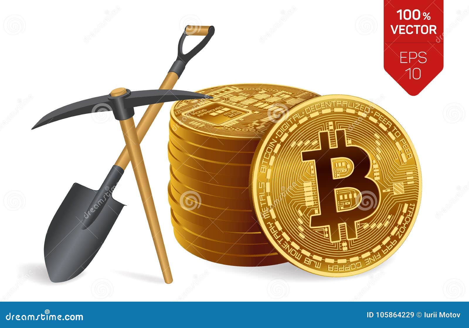 Bitcoin Mining Concept. 3D Isometric Physical Bit Coins with Pickaxe ...
