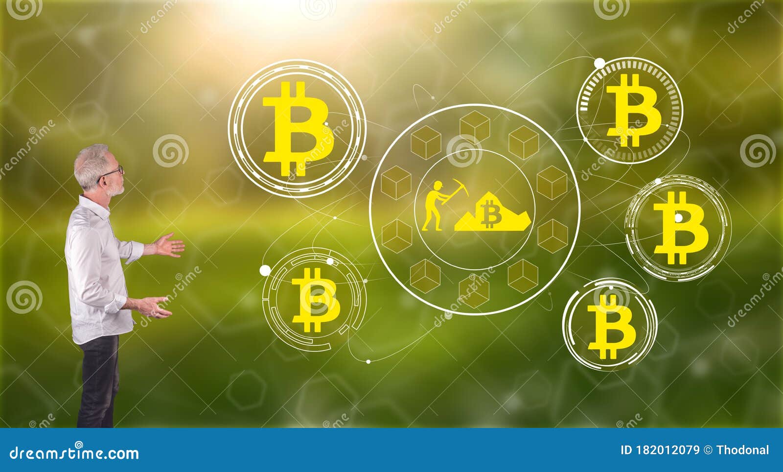 A Bitcoin Mining Concept Explained by a Businessman on a Wall Screen ...