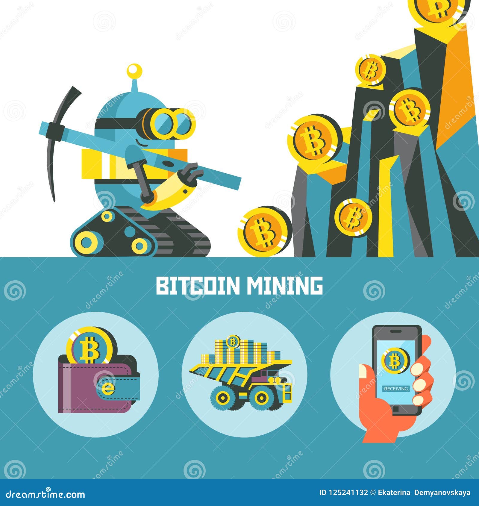Bitcoin Mining. Cute Robot Produces Bitcoins. Vector Illustration ...