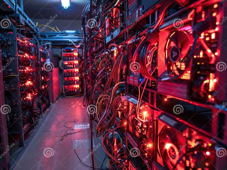 Bitcoin Mining Operation Inside a Dimly Lit Underground Facility ...