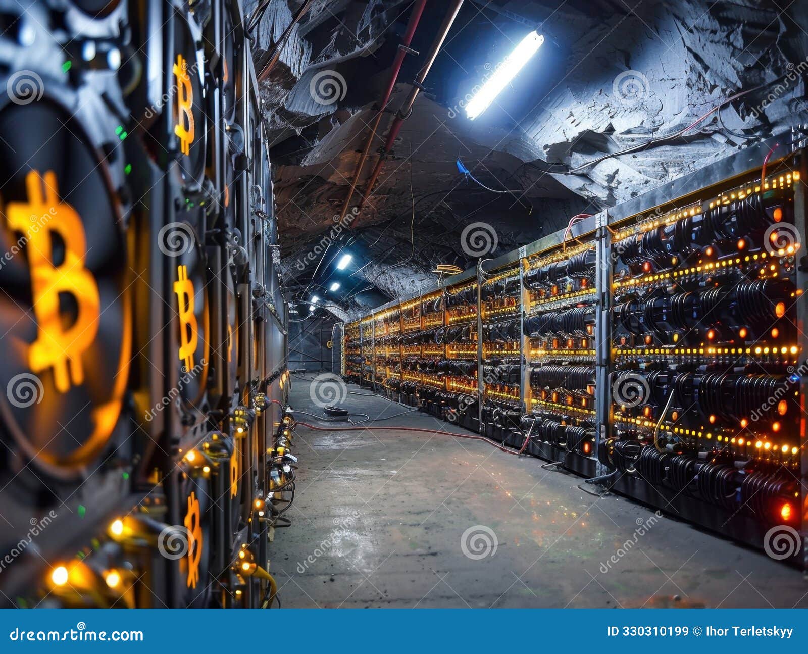 Bitcoin Mining Operation Inside a Dimly Lit Underground Facility ...