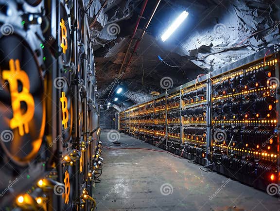 Bitcoin Mining Operation Inside a Dimly Lit Underground Facility ...
