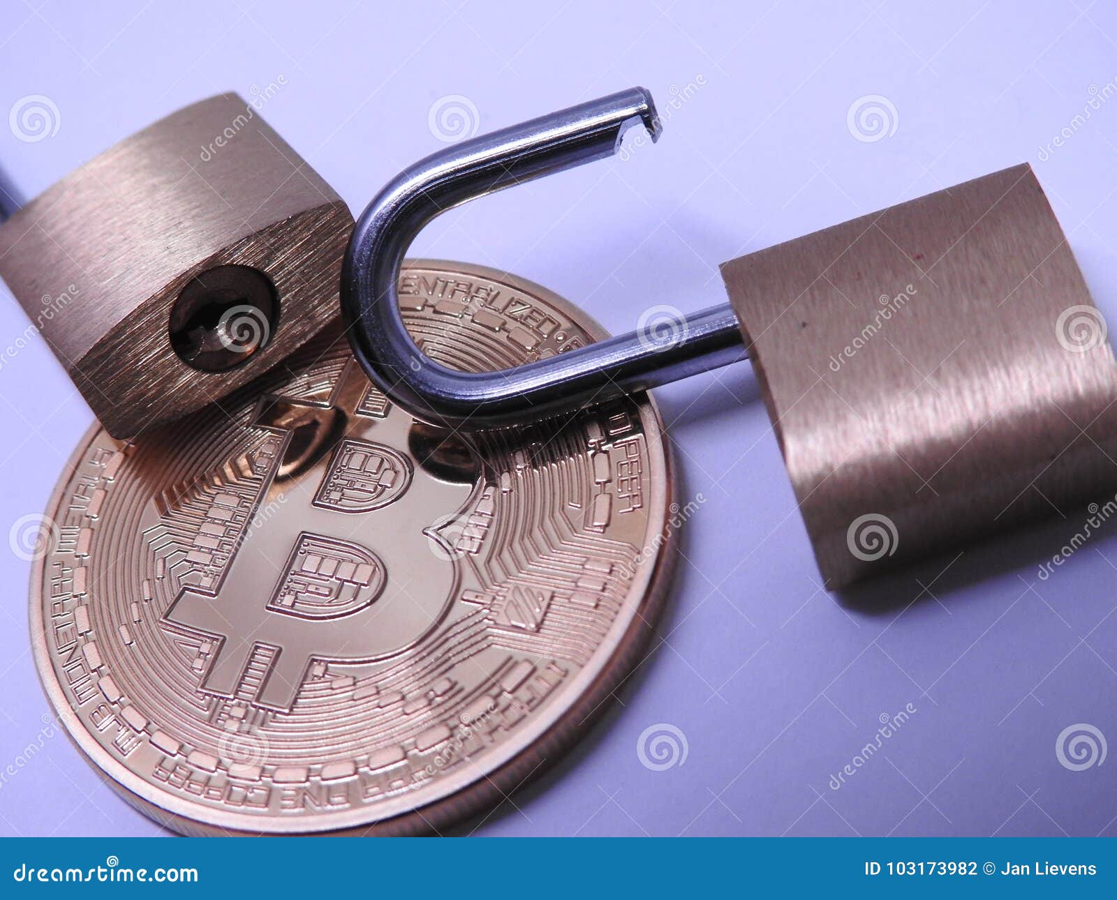 Bitcoin and brass padlocks stock photo. Image of internet - 103173982