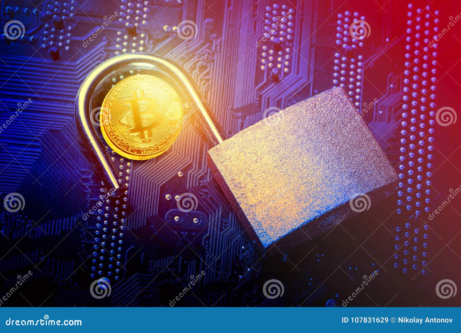Bitcoin with Opened Padlock on Computer Motherboard. Crypto Currency ...