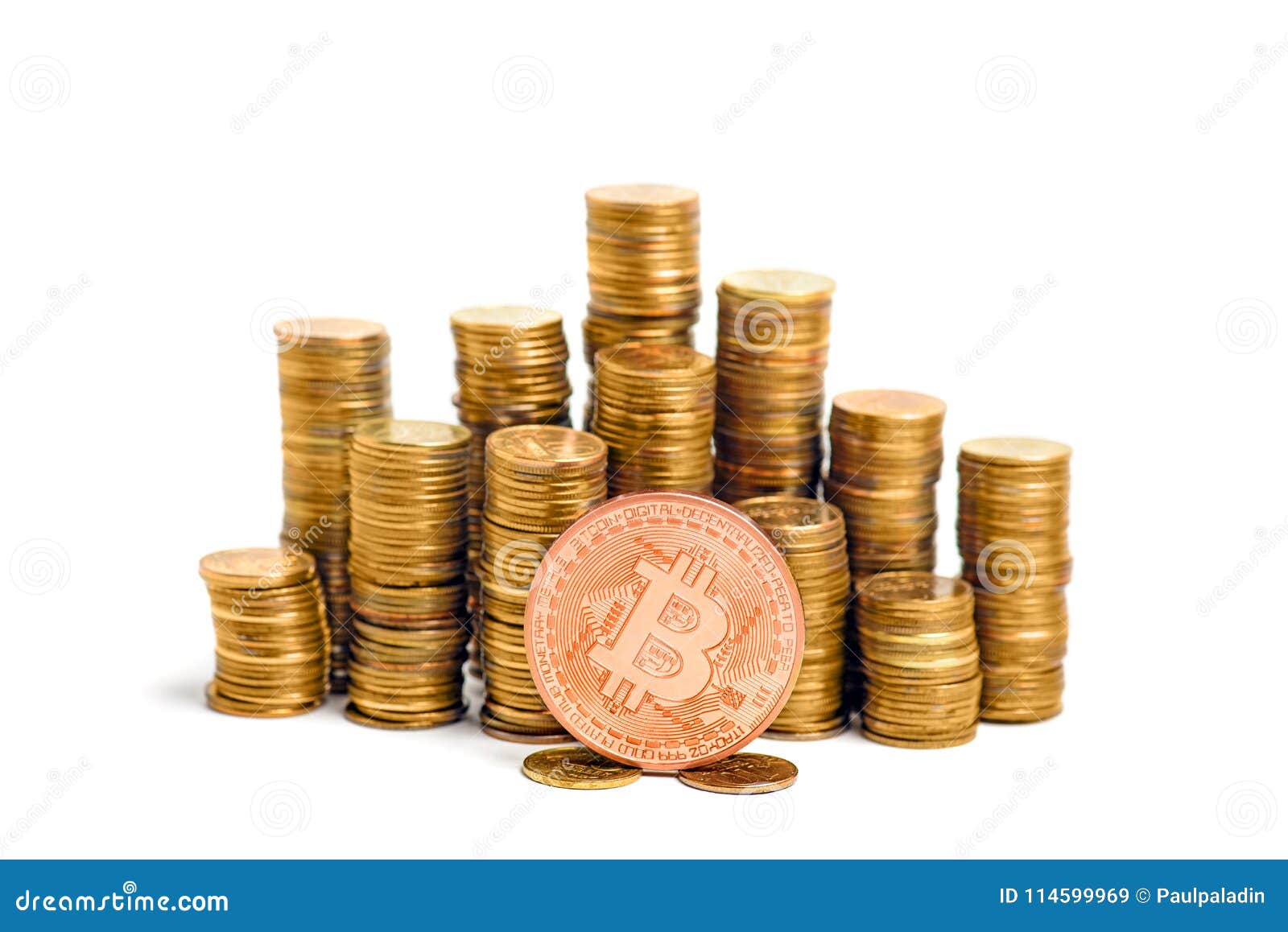 Bitcoin over coin columns stock image. Image of business - 114599969