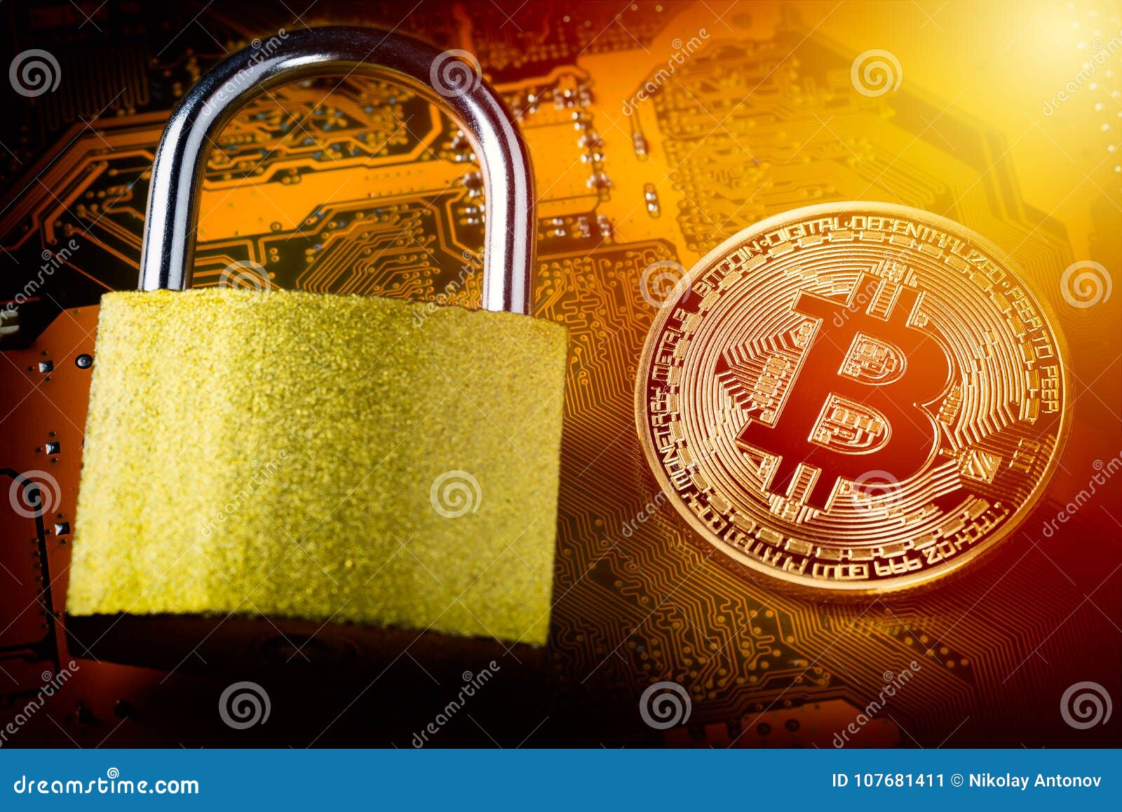 Bitcoin with Padlock on Computer Motherboard. Crypto Currency Internet ...