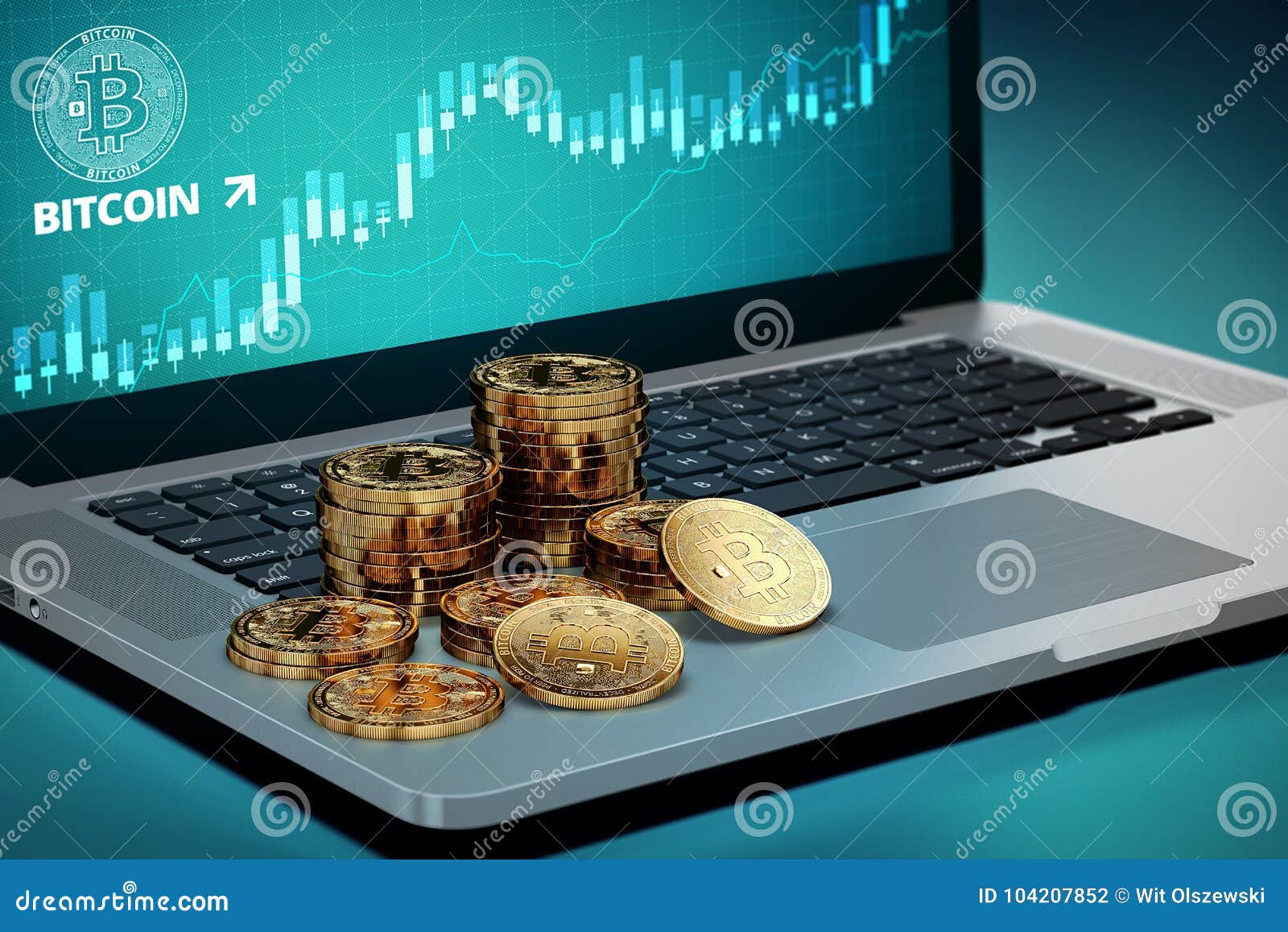 Bitcoin Piles Laying on Computer with Bitcoin Logo on-screen Stock ...