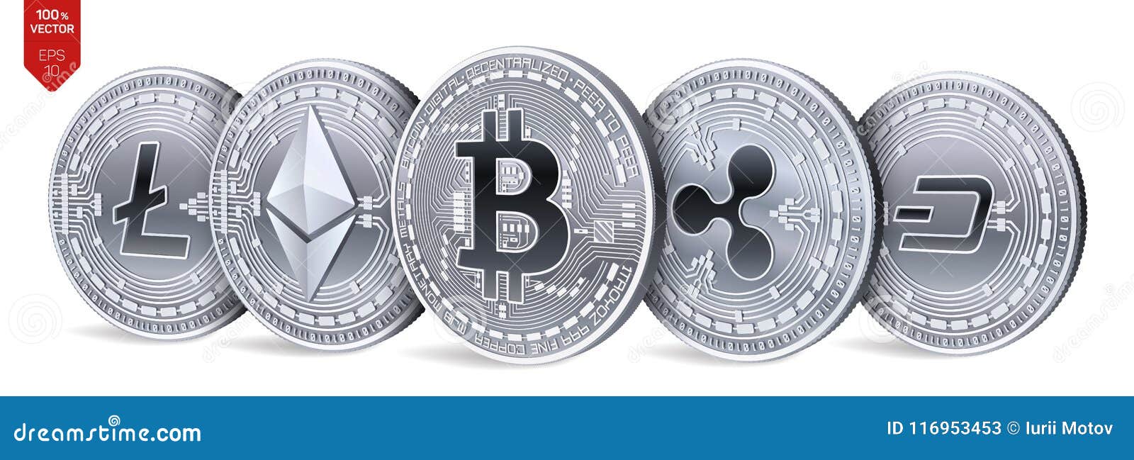 Bitcoin Ripple Ethereum Dash Litecoin 3d Isometric Physical Coins