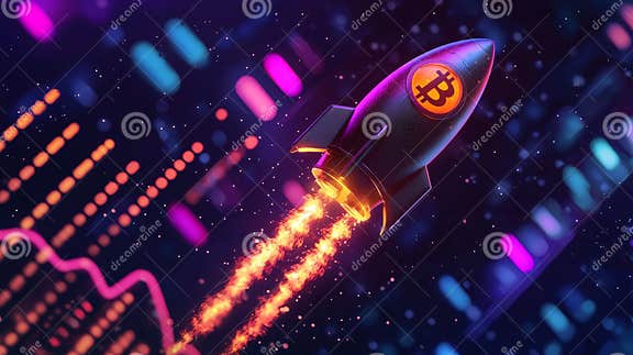 Bitcoin Rocket Doodle Flying through Growth Chart in Space Stock ...