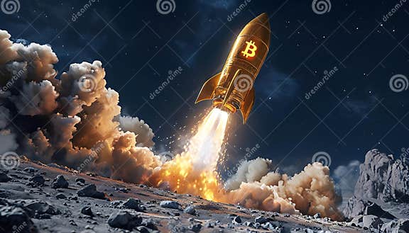 Bitcoin Rocket Launch in Space, Night Sky Backdrop, Symbolizes ...