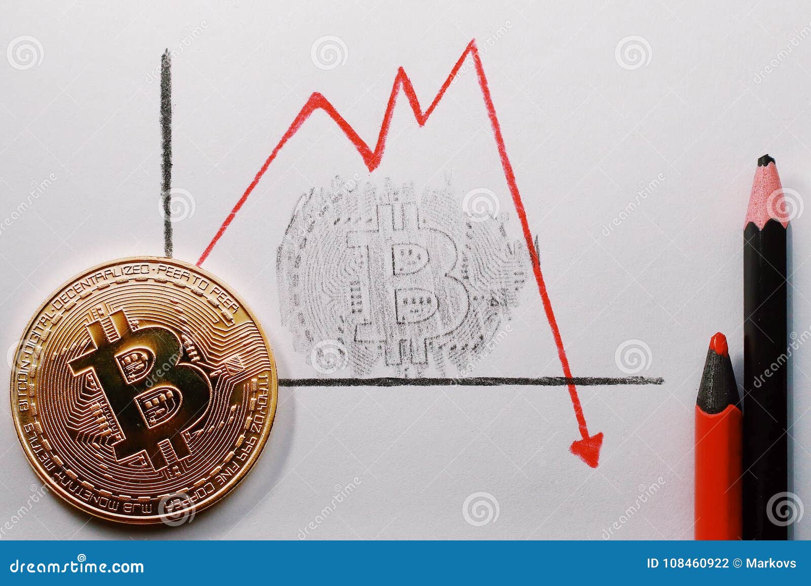 Bitcoin on a Sheet of White Paper. a Hand-drawn Graph with a Drop in ...
