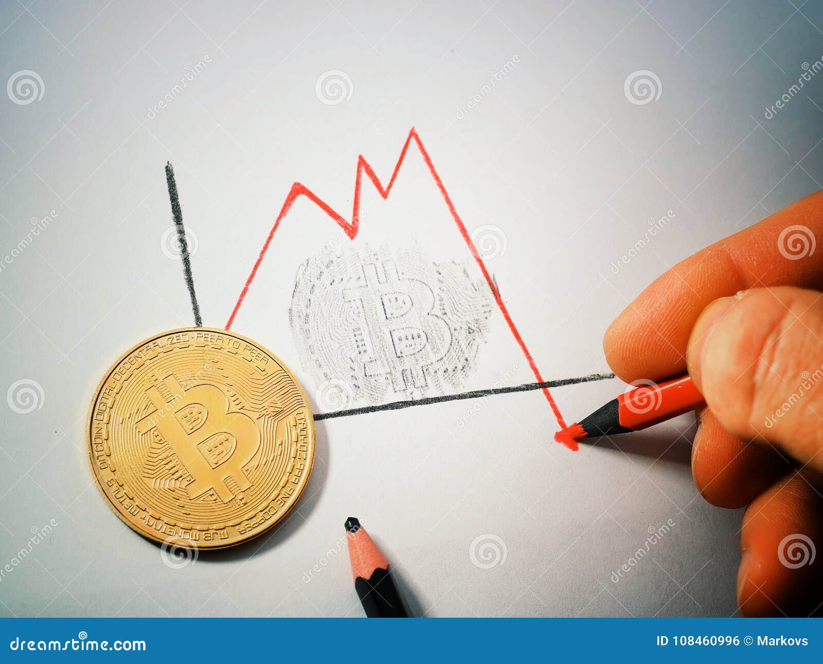 Bitcoin on a Sheet of White Paper. a Hand-drawn Graph with a Drop in ...