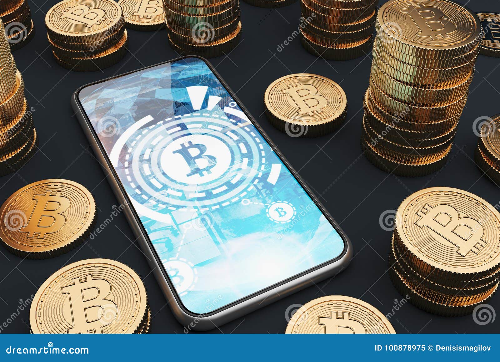 Bitcoin Smartphone on Table, Physical Bitcoins Stock Illustration ...