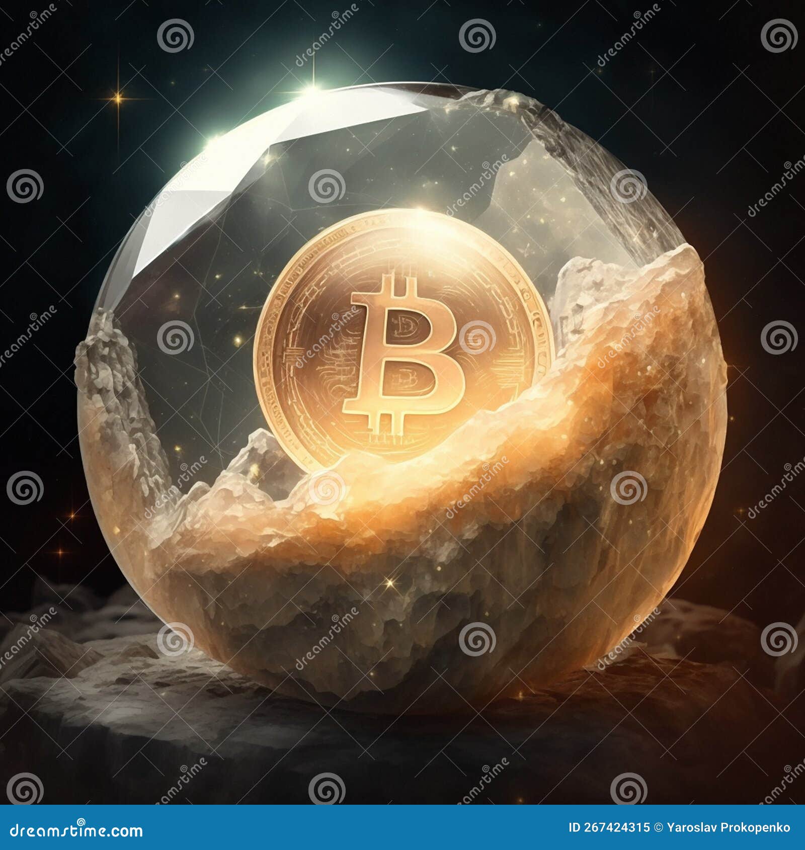 Bitcoin in the Sphere of a Round Stone. Illustration with Blurred ...