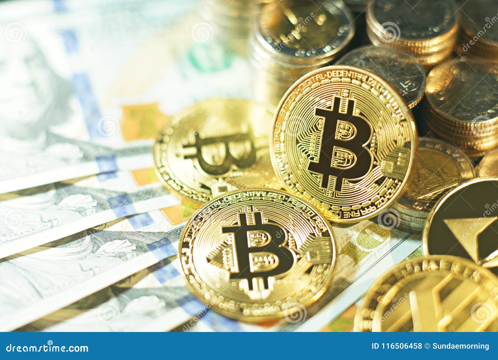 Bitcoin Stack on Multi National Banknote Bill Background, Bitcoin ...