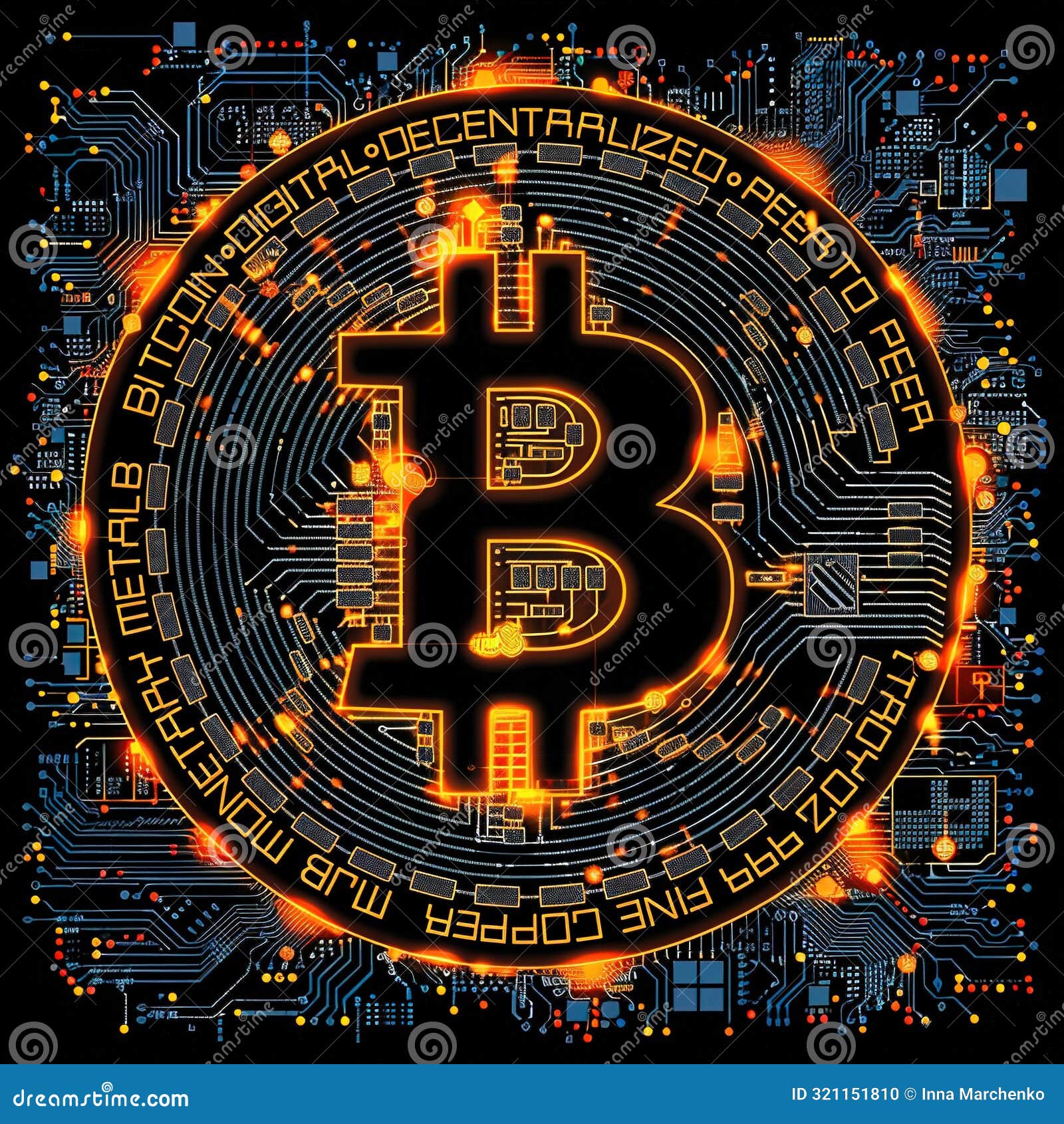 Bitcoin Symbol on a Circuit Board with Flames Stock Illustration ...