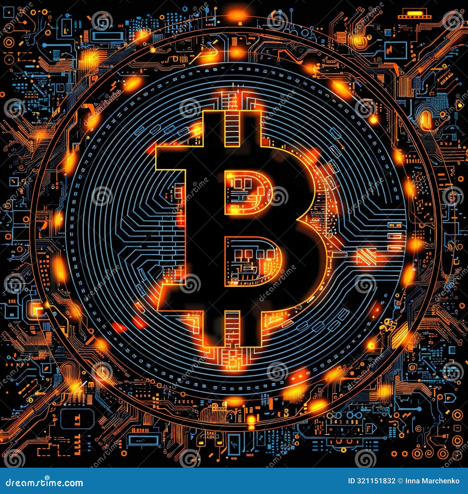 Bitcoin Symbol on a Circuit Board with Flames Stock Illustration ...