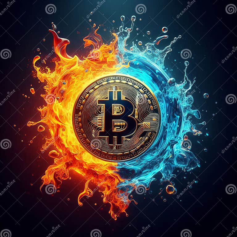 Bitcoin Symbol with Fire and Water Elements in Dynamic Balance Stock ...