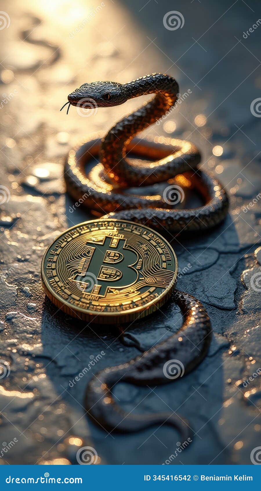 Bitcoin Symbolism in Cryptocurrency with Coiled Snake on Metallic ...