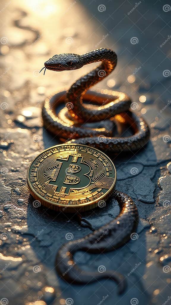 Bitcoin Symbolism in Cryptocurrency with Coiled Snake on Metallic ...