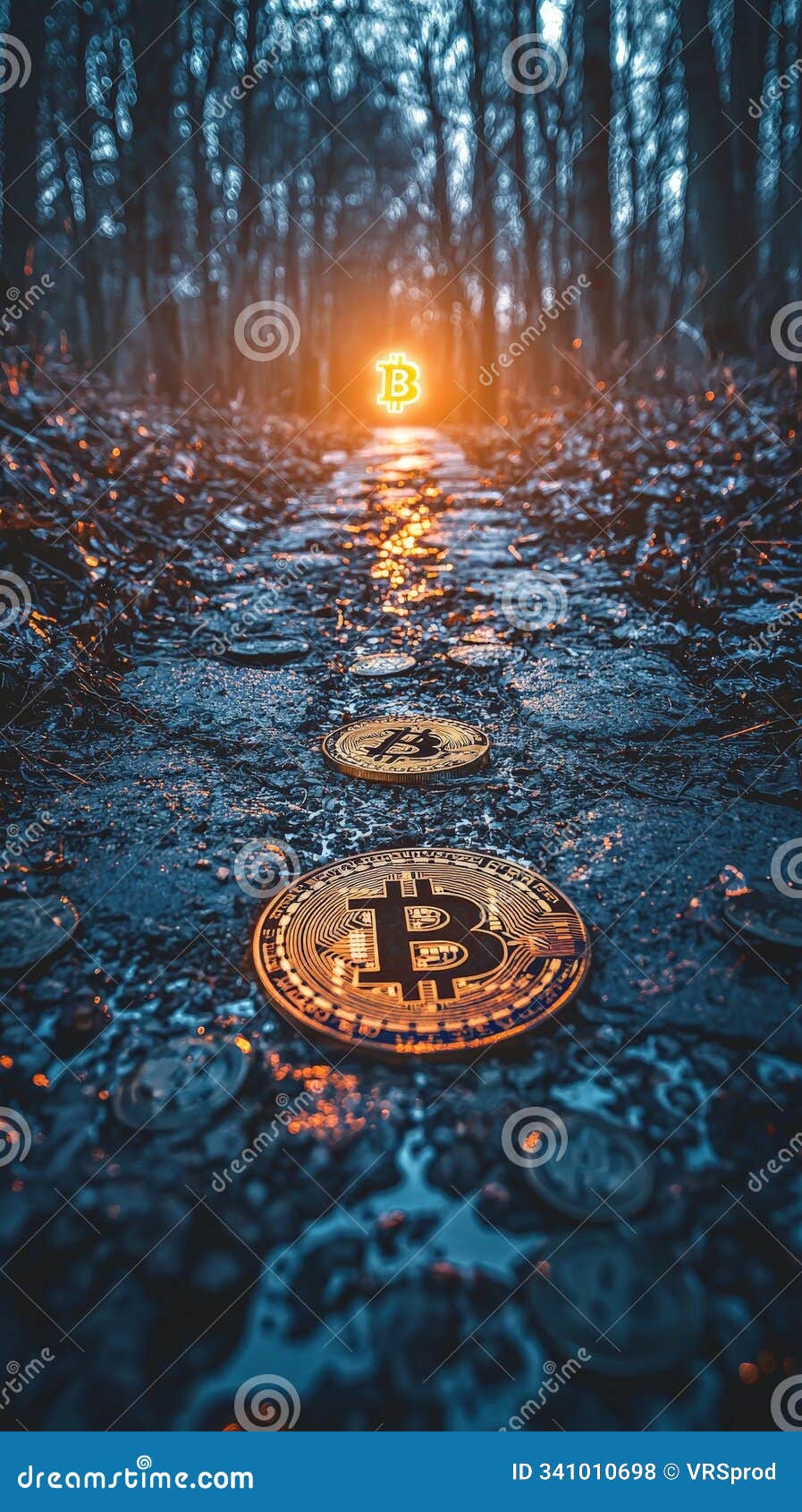 Bitcoin Symbols on a Wet Path in a Dark Forest Stock Photo - Image of ...