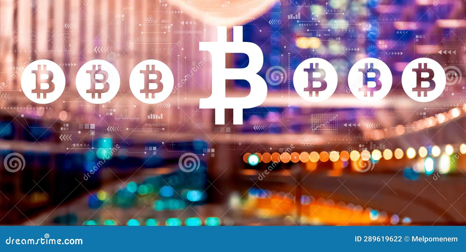 Bitcoin Theme with Big City at Night Stock Photo - Image of icon ...
