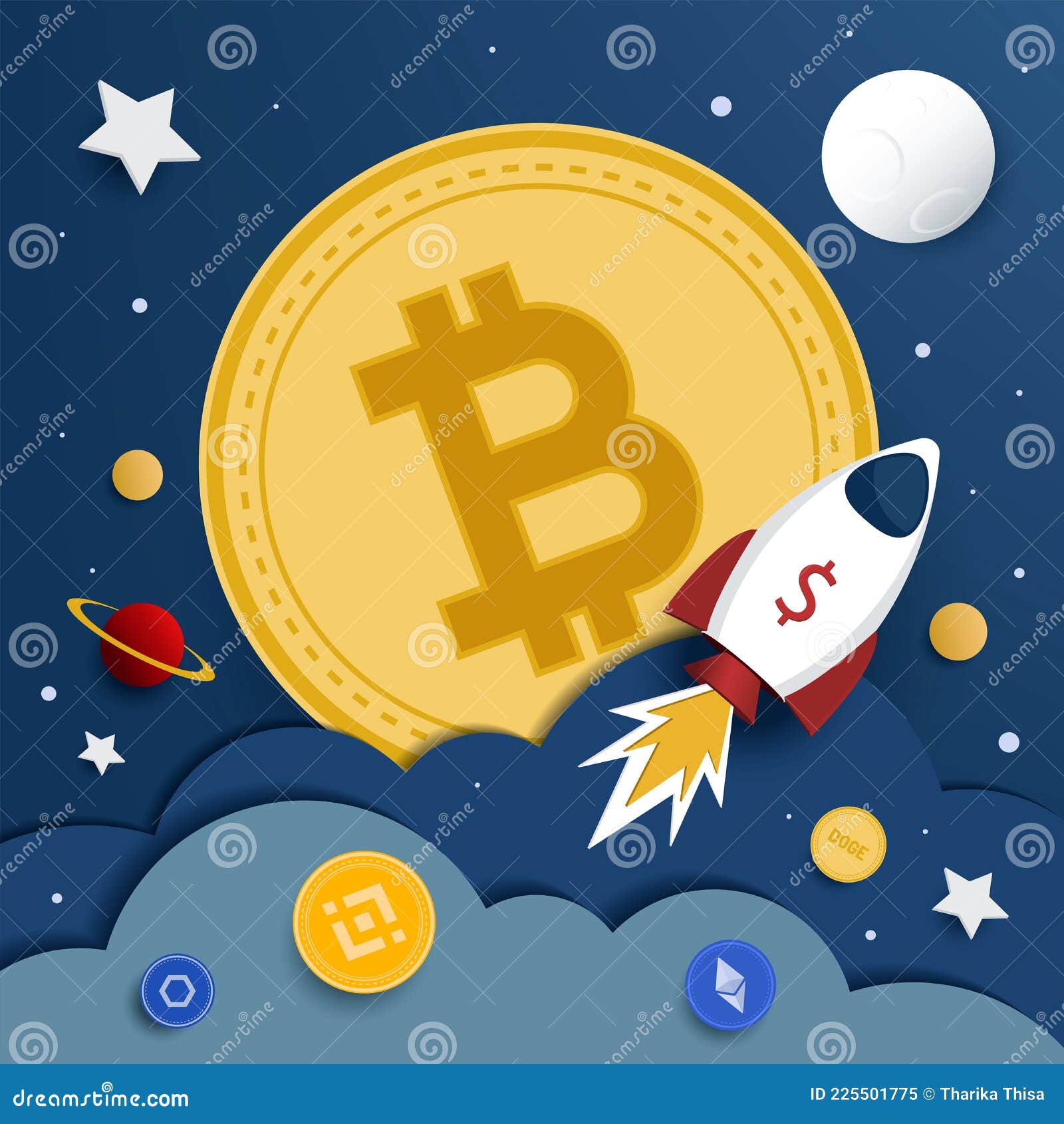 Bitcoin to the moon stock vector. Illustration of bitcoin - 225501775