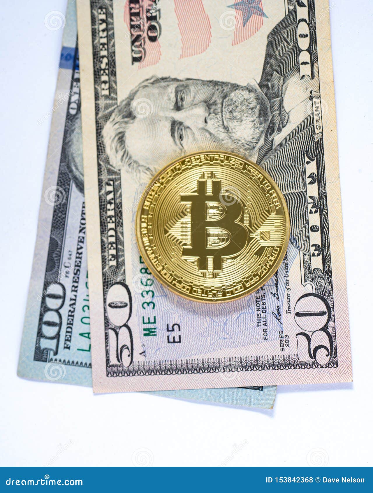 Bitcoin on US currency stock photo. Image of crypto - 153842368