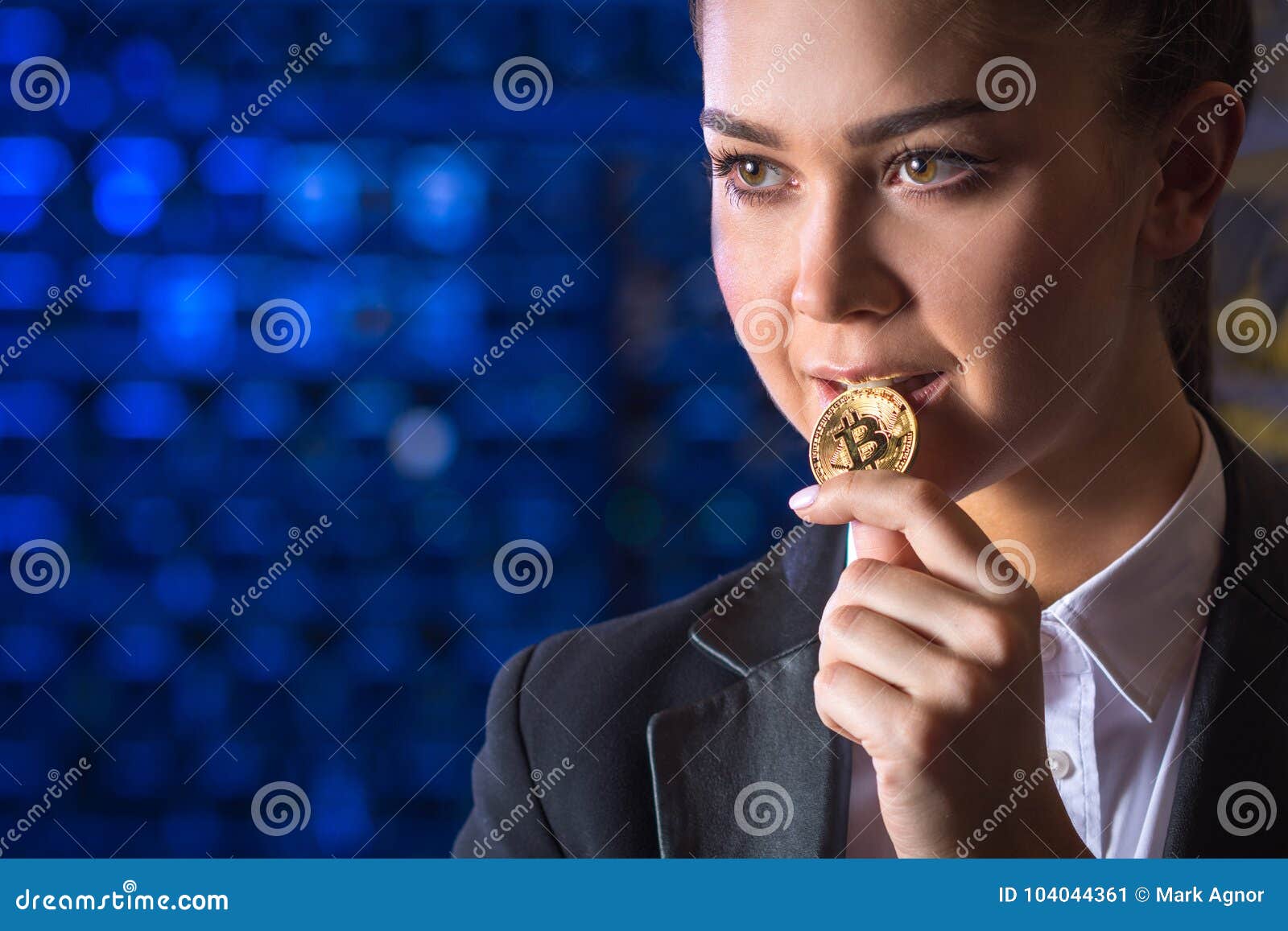 Bitcoin woman hold mining stock image. Image of deal - 104044361