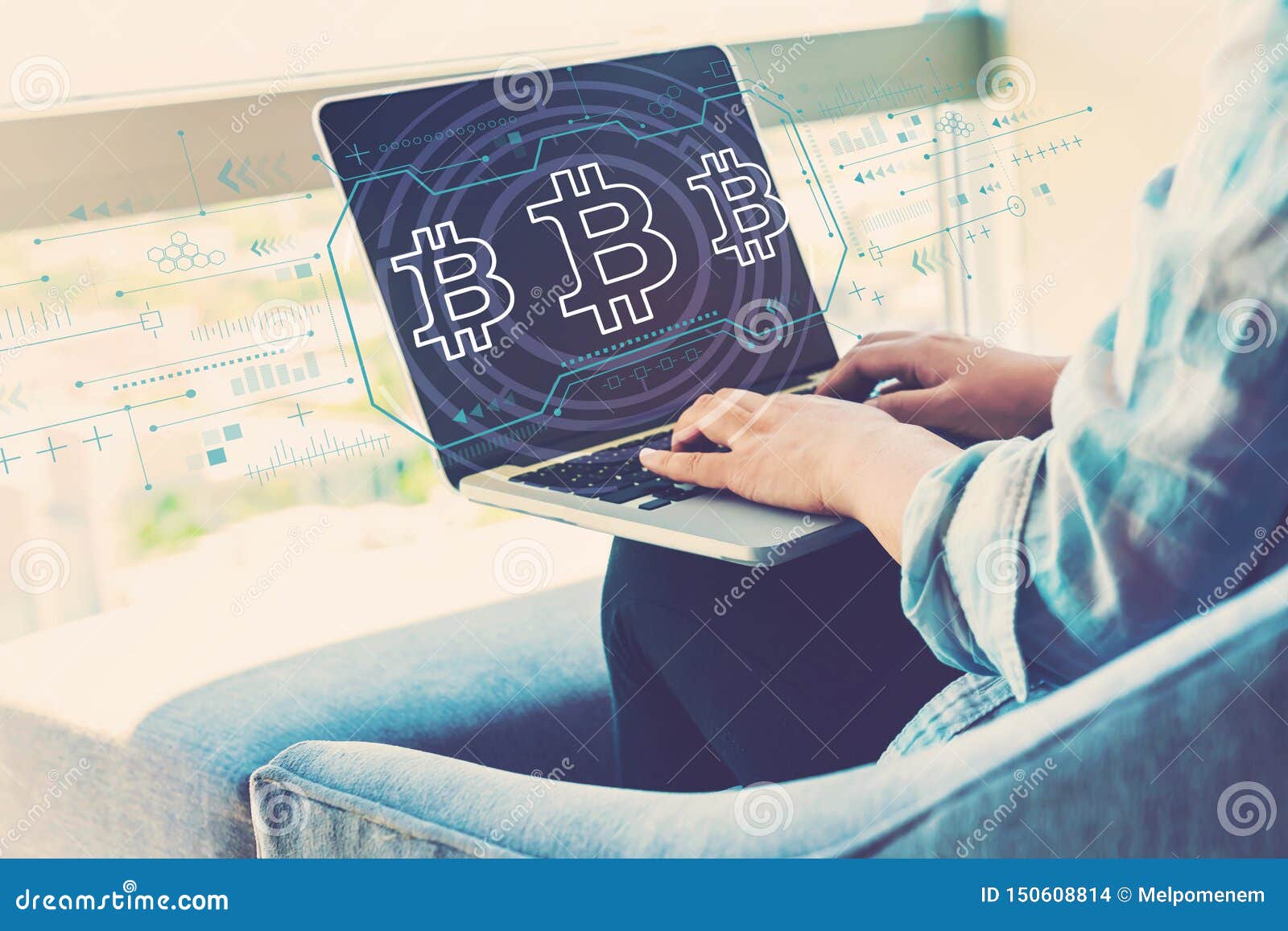 Bitcoin with Woman Using Laptop Stock Photo - Image of financial ...