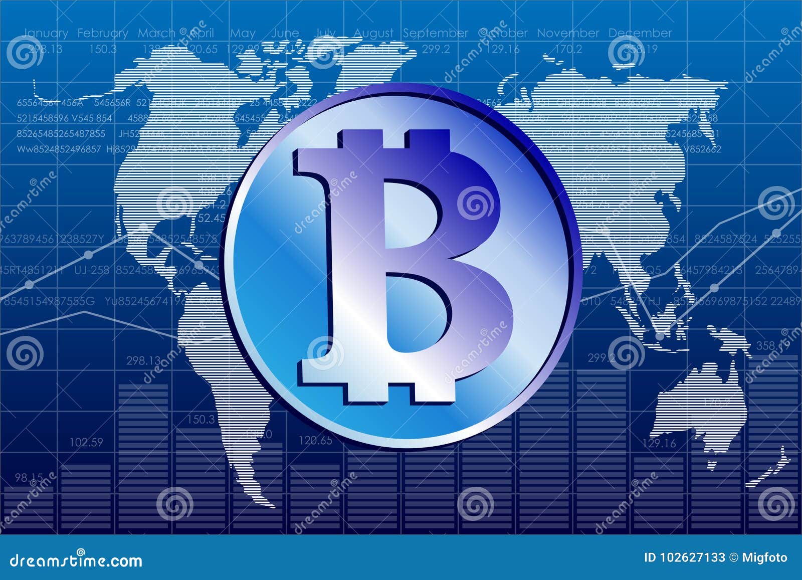 Bitcoin and World map stock vector. Illustration of chart - 102627133