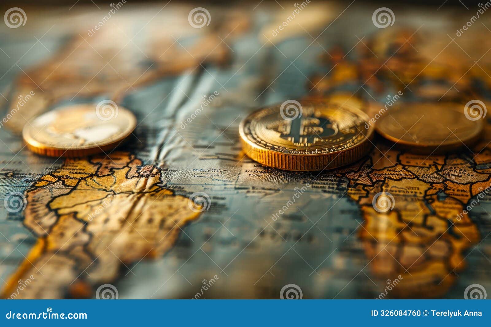 Bitcoin on World Map stock photo. Image of exchange - 326084760