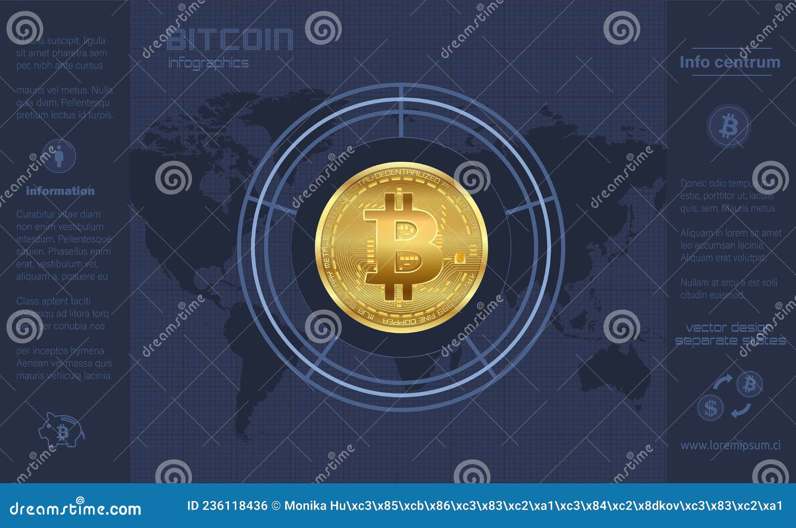 Bitcoin and World Map, Infographics Blue Flat Design on Graph Paper and ...