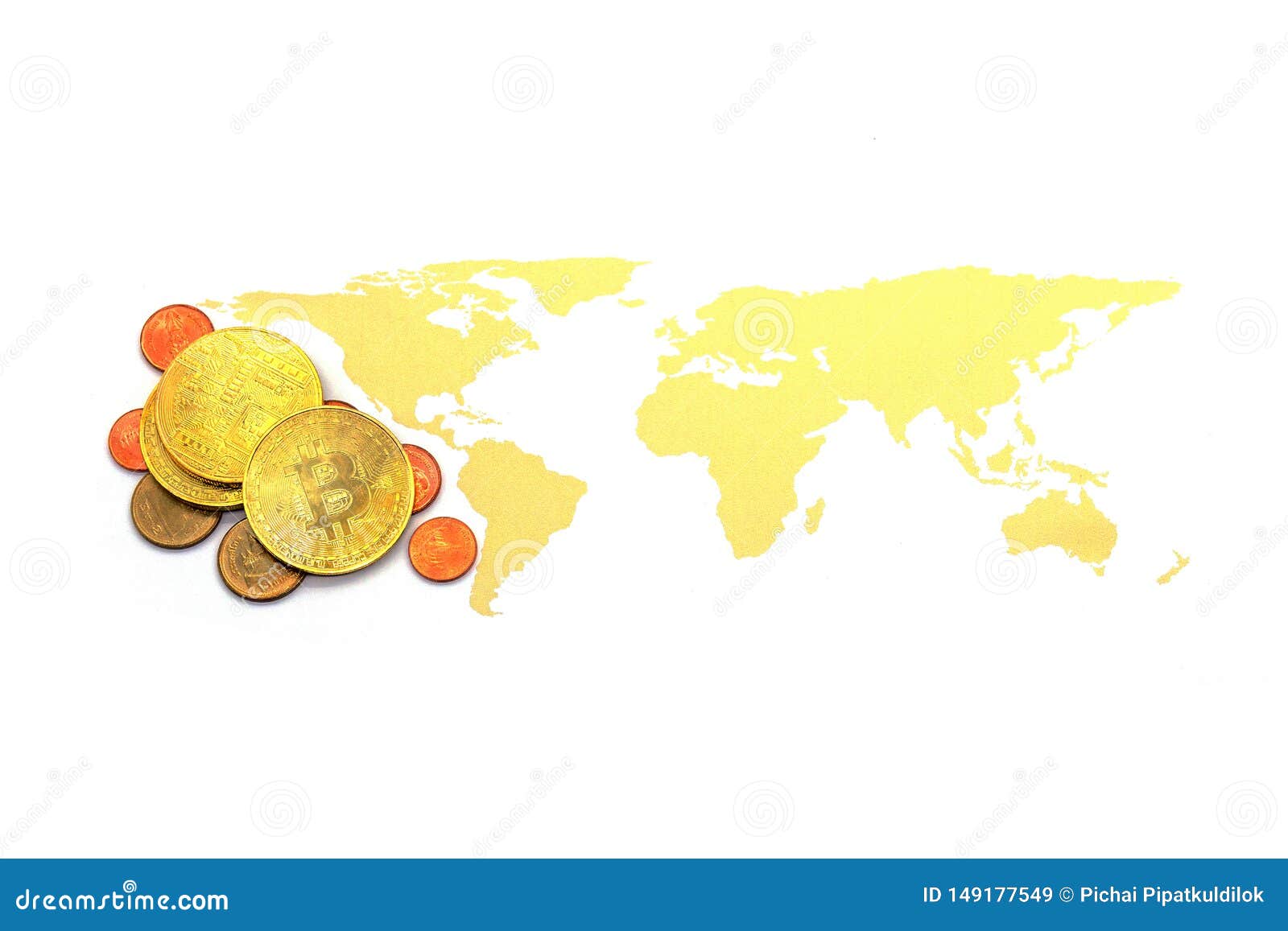 Bitcoin on World Map and on White Background Stock Image - Image of ...