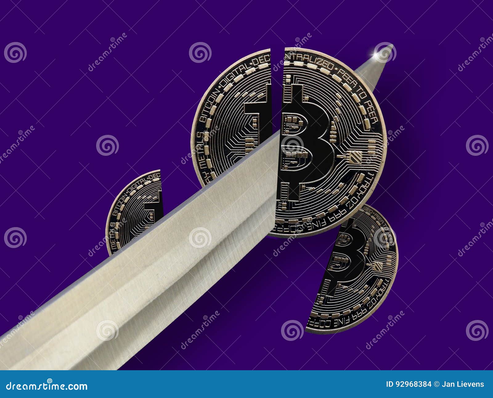 Bitcoins cut in half stock photo. Image of bitcoin, halving - 92968384