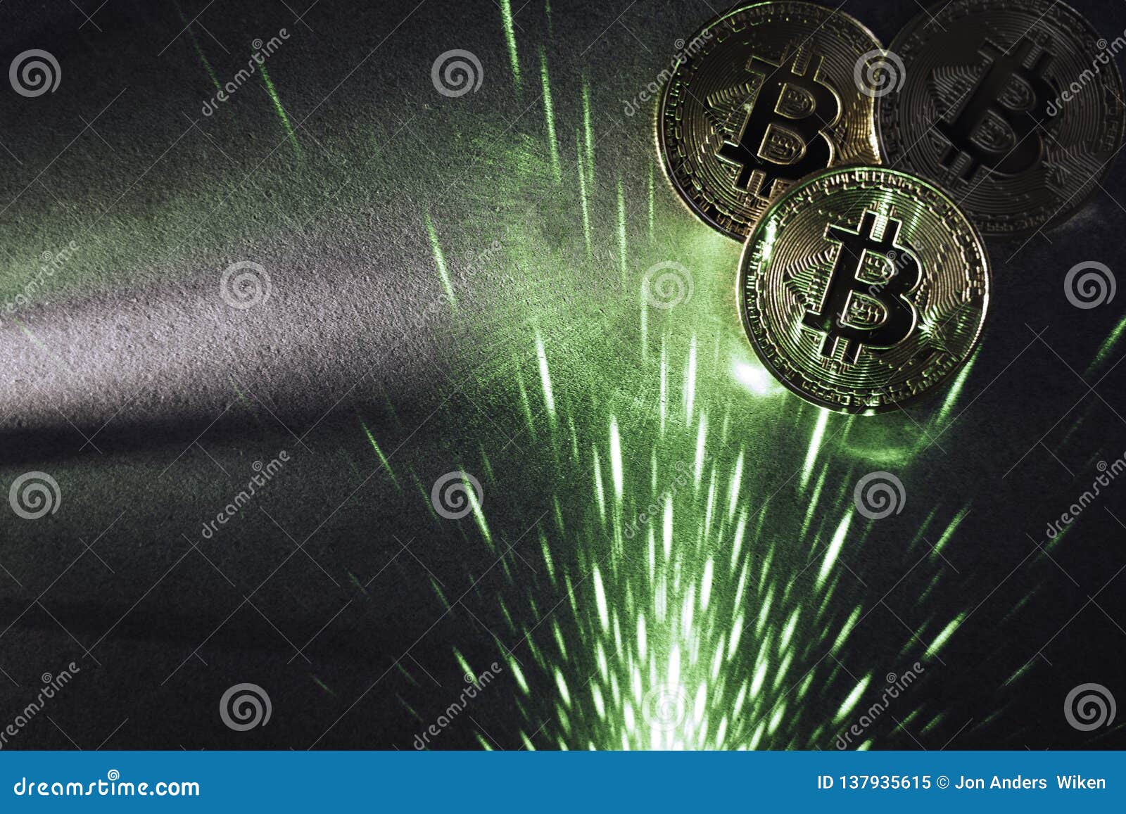 Bitcoins and green laser stock image. Image of cryptography - 137935615