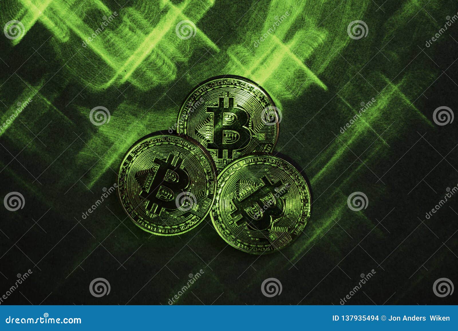Bitcoins with Green Laser Light. Stock Photo - Image of golden, digital ...