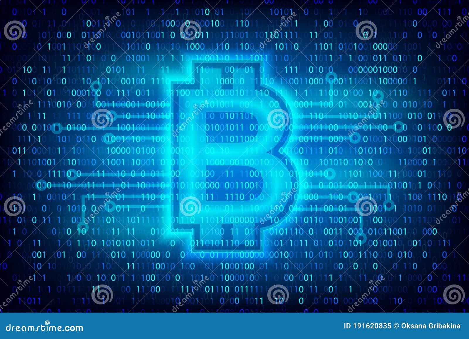 Bitcoins Logo on the Blue Background with Binary Code. Cryptocur Stock ...
