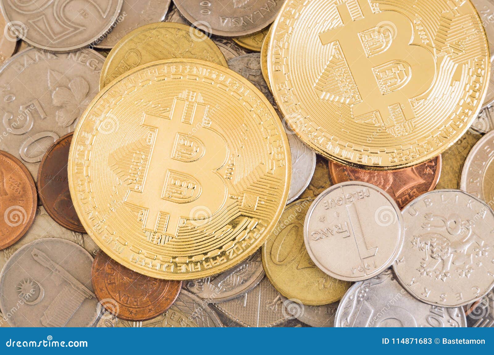 Bitcoins and other coins stock image. Image of gold - 114871683