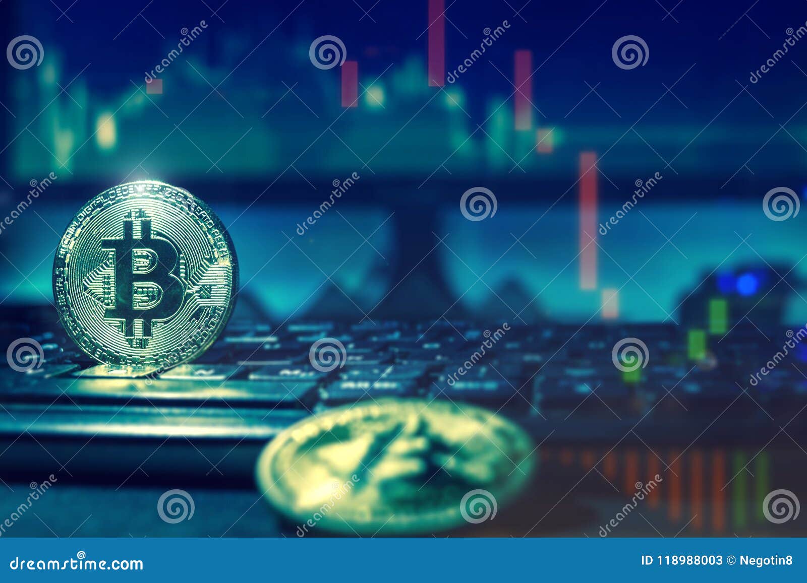 Bitcoins and Screen with Charts Stock Image - Image of market, invest ...