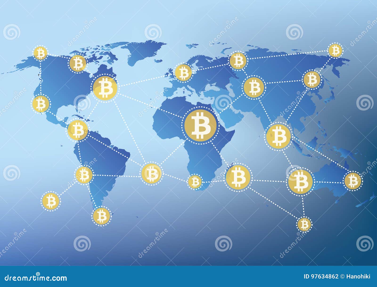 Bitcoins on World Map Illustration - Global Money Transfer Stock Vector ...