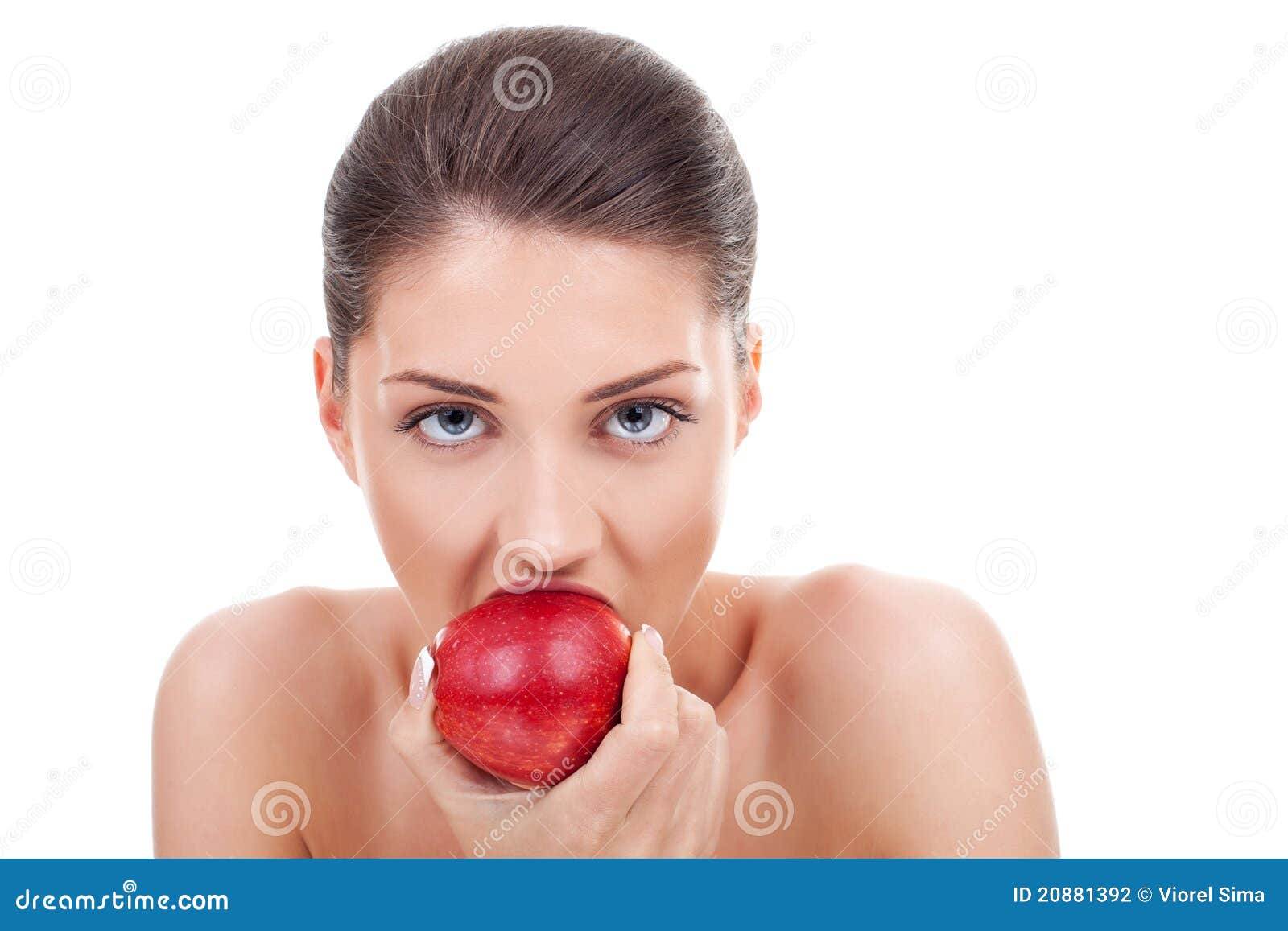 She bites red apple stock photo. Image of face, beautiful - 20881392