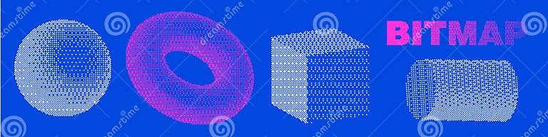 Bitmap Pixelated Simple 3d Shapes Set. Dither Halftone Geometric Object ...