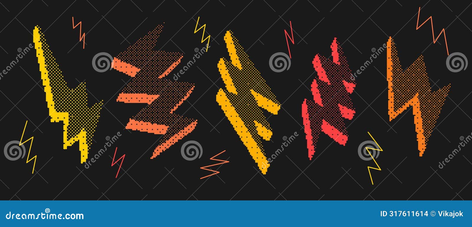 Bitmap Textured Lightning Bolt Set. Dither Halftone Thunderbolt ...