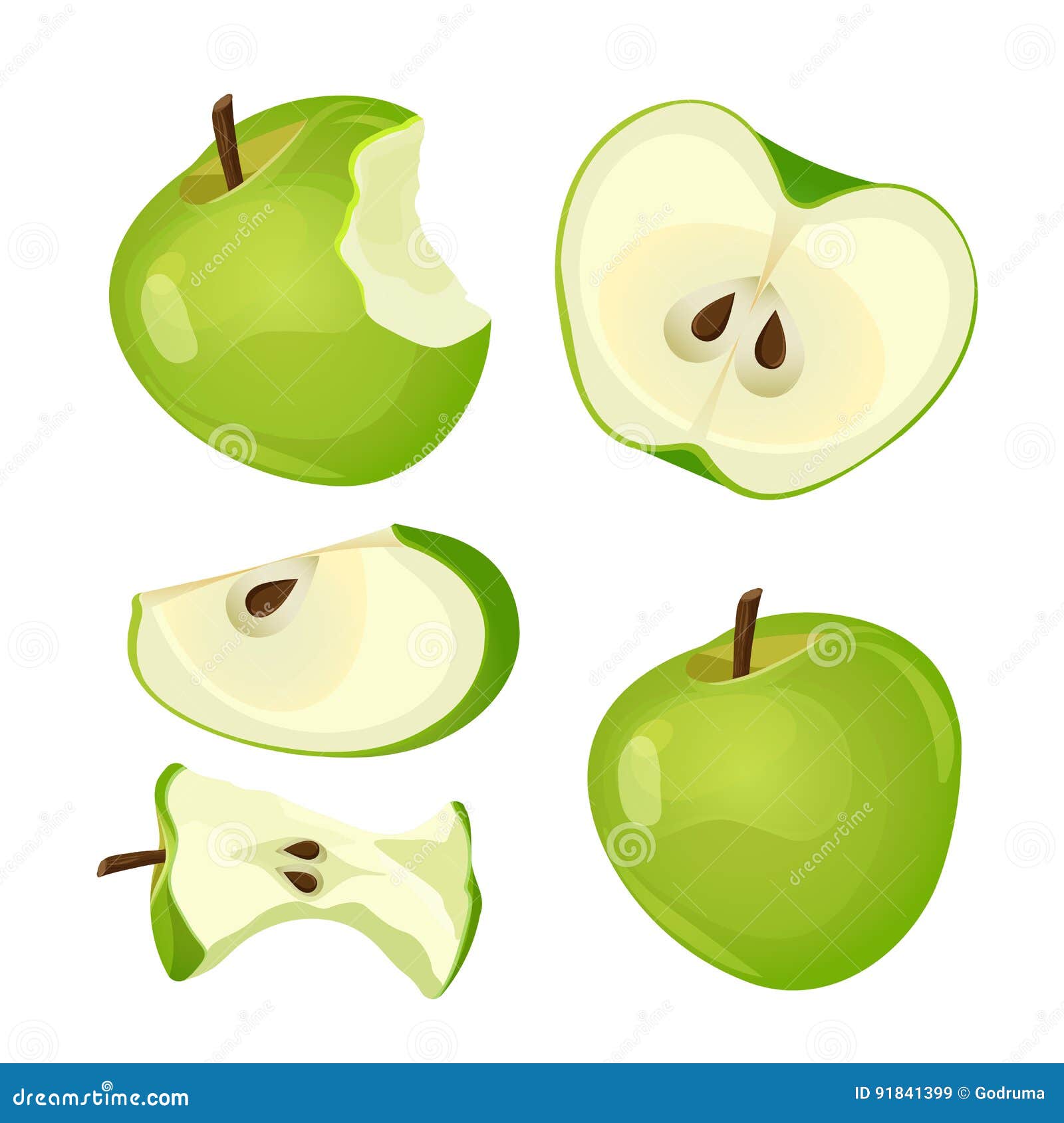 Bitten Apple, Whole, Half And Slice Isolated On White Background Stock ...