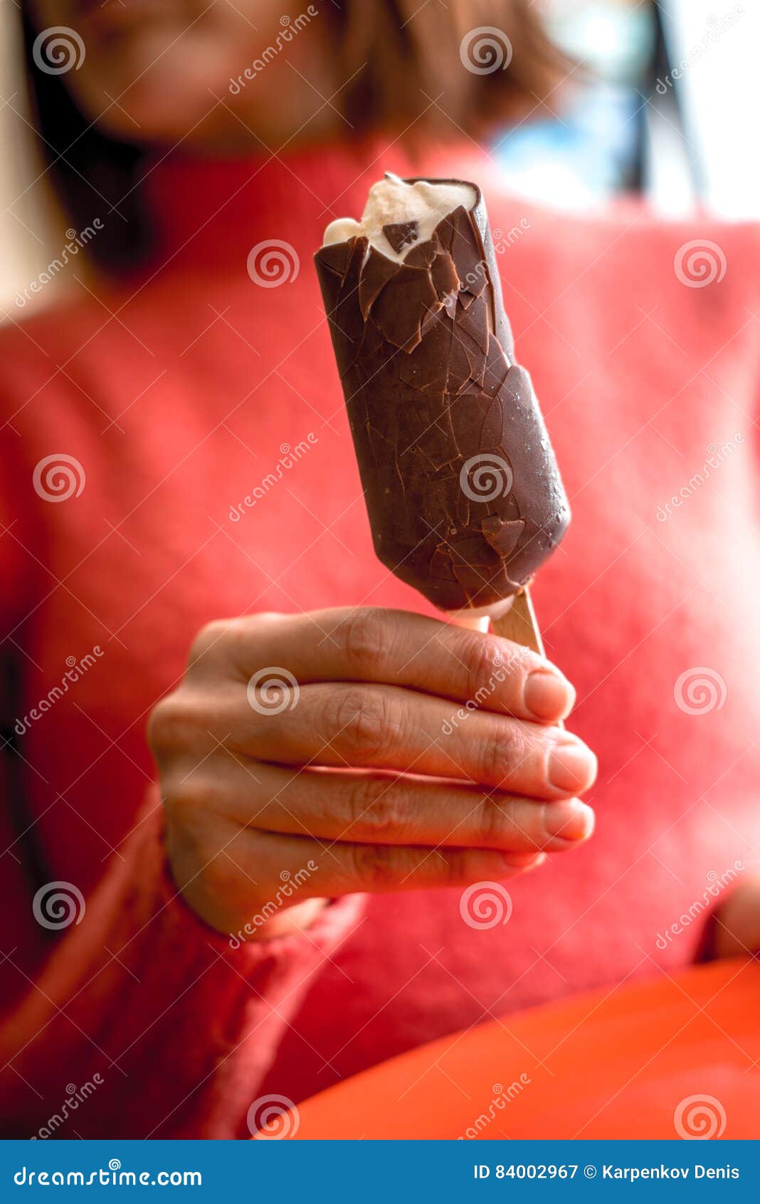 Bitten Chocolate Covered Popsicle in the Woman` S Hand Stock Image ...